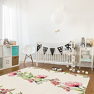 Indoor Area Rug, Red Teal Spring Floral Non Slip Carpet Pad Bathroom Mat, Rustic Summer Flowers Burlap Kitchen Runner Area Rug for Bedroom/Living Room/Kids Room 5'x7'