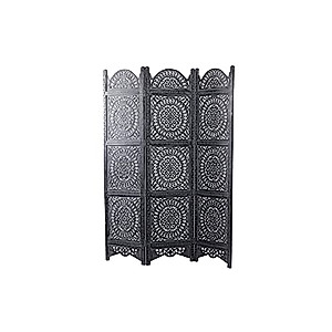 Deco 79 Wood Floral Handmade Hinged Foldable Partition 3 Panel Room Divider Screen with Intricately Carved Designs, 60" x 1" x 72", Black