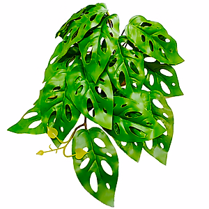 Woyrise Reptile Artificial Plants with Base, Terrarium Decor Amphibian Habitat Plant, Bearded Dragon Tank Accessories fit Gecko Lizard Chameleon Snake Frog - Monstera Adansonni