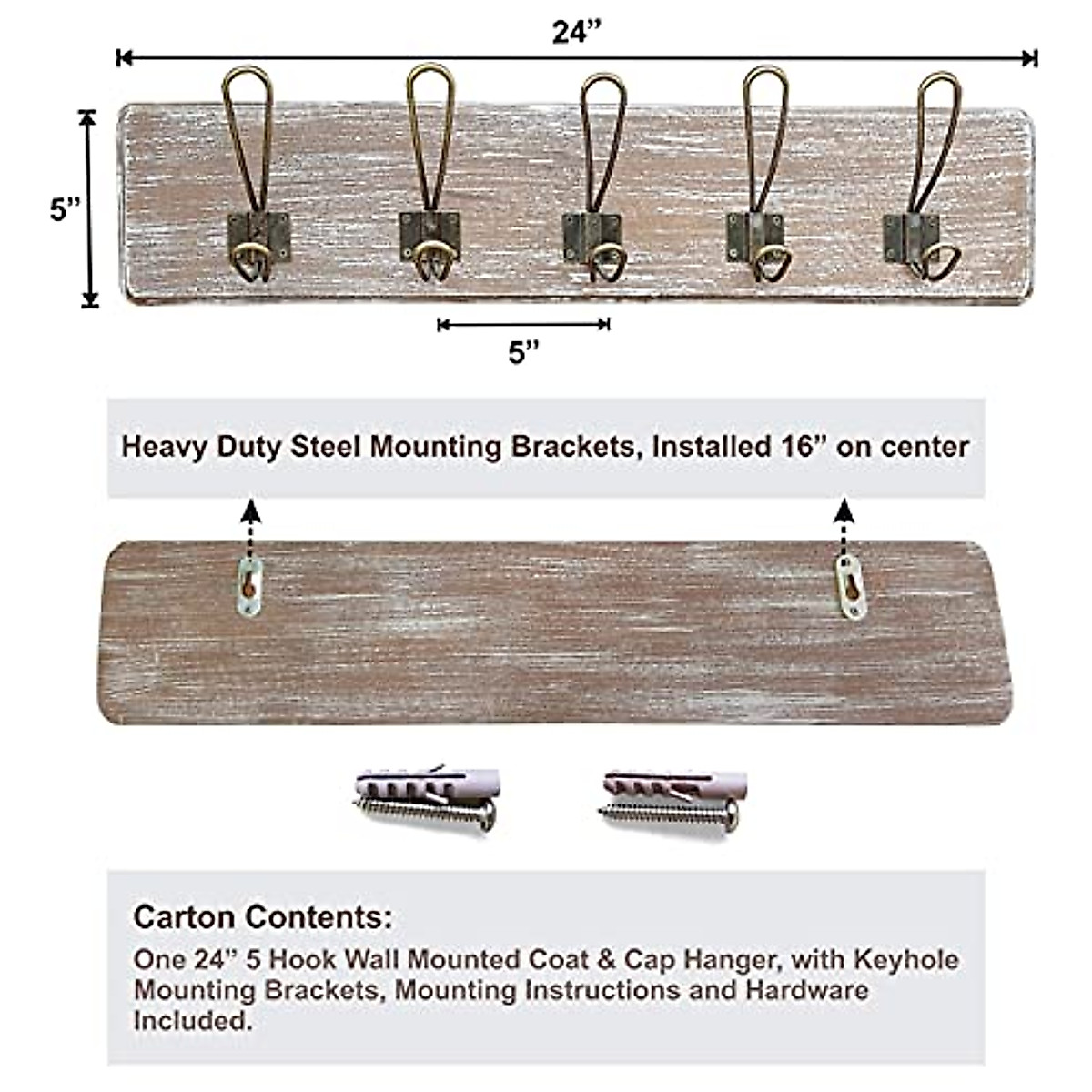 WRIGHTMART Wooden Coat Rack Wall Mounted with 5 Hanger Hook, for Porch, Kitchen, Bedroom, Hallway, Antique Farmhouse Rustic Character, Mahogany Wood, (Aged Whitewash Bronze Hook)