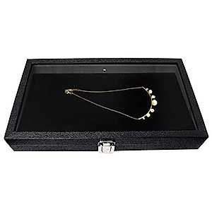 Ikee Design Leatherette Wooden Jewelry Display Case with Glass Top and Black Velvet Pad, Home Organization Storage Box, Wooden Jewelry Tray for Collectibles, 14.75" W x 8.25" D x 2.13''H