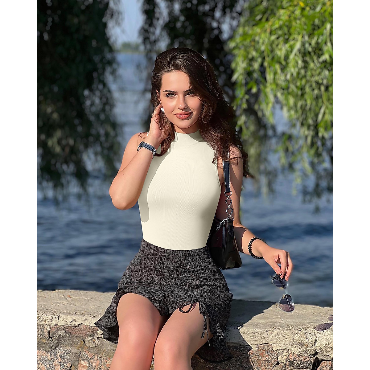 OQQ Women's 2 Piece Sexy Ribbed Sleeveless High Neck Tank Top BodySuit, Black,beige, Small