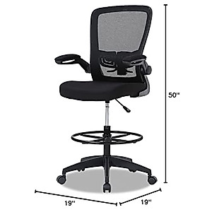 Drafting Chair Tall Office Chair Mid-Back Mesh Ergonomic Computer Chair High Adjustable Standing Desk Chair with Lumbar Support Adjustable Foot Ring and Flip-Up Arms (Black)