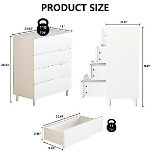 AWQM 4 White Drawer Dressers for Bedroom, Wooden Chest of 4 Drawers, Modern Wide Storage File Cabinet Unit Nightstand for Bedroom, Office, Living Room (White)