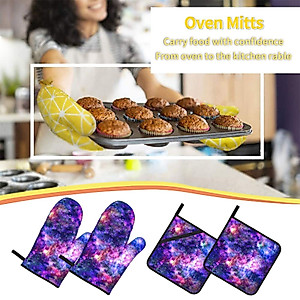 nhbfcds Galaxy Oven Mitts and Pot Holders Sets, 4 Piece Set, Heat Resistant Polyester Gloves and Pads for Kitchen Cooking Baking Grilling BBQ, One Size