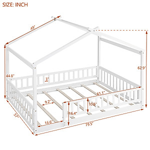 Harper & Bright Designs Full House Bed with Rails,Full Floor Bed for Kids,Full Size Montessori Bed Frame with Support Slats,Wooden Kids Full Playhouse Beds for Boys Girls(White)