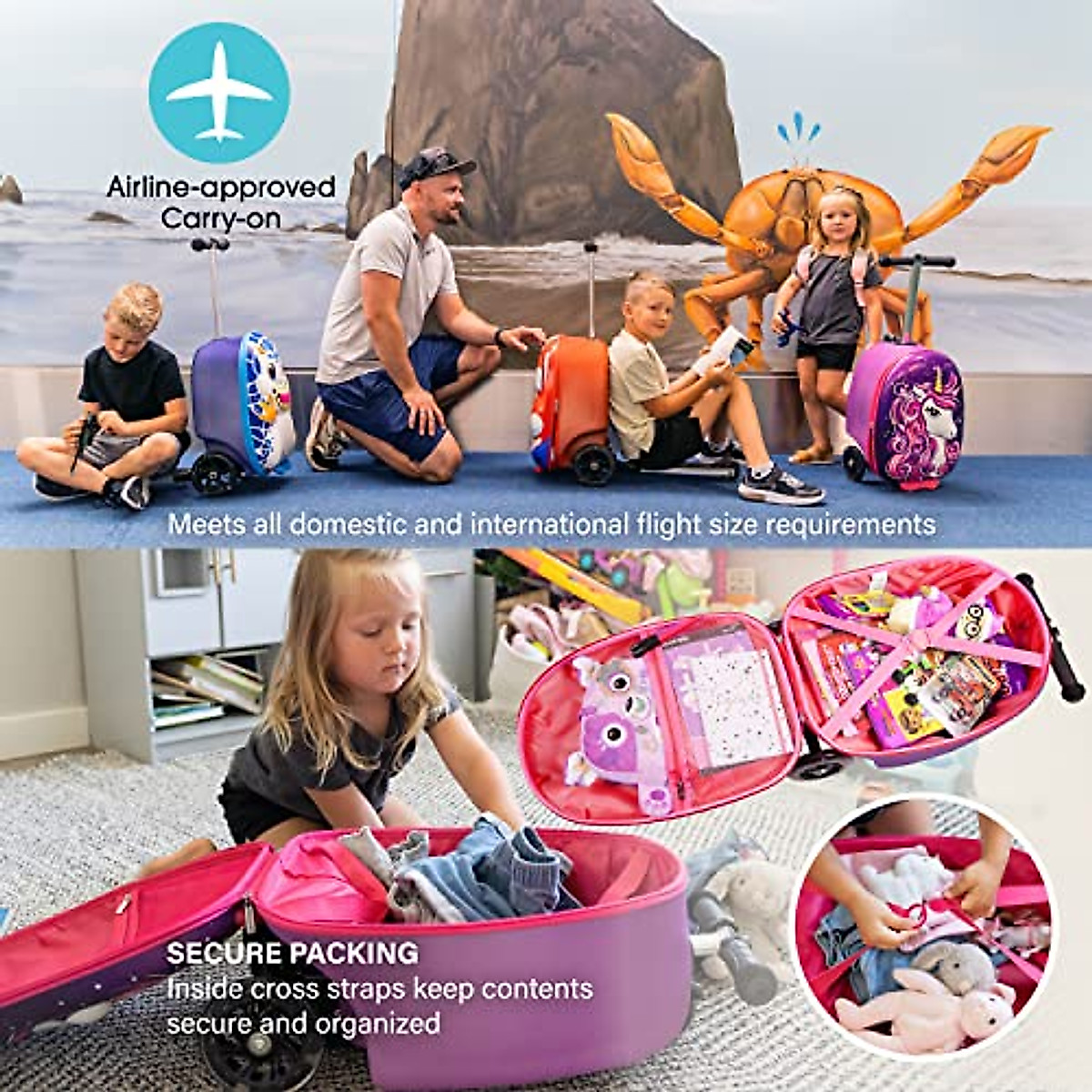 KIDDIETOTES 3-D Hardshell Ride On Suitcase Scooter for Kids - Cute Lightweight Kids Luggage with Wheels - Fun LED Lights