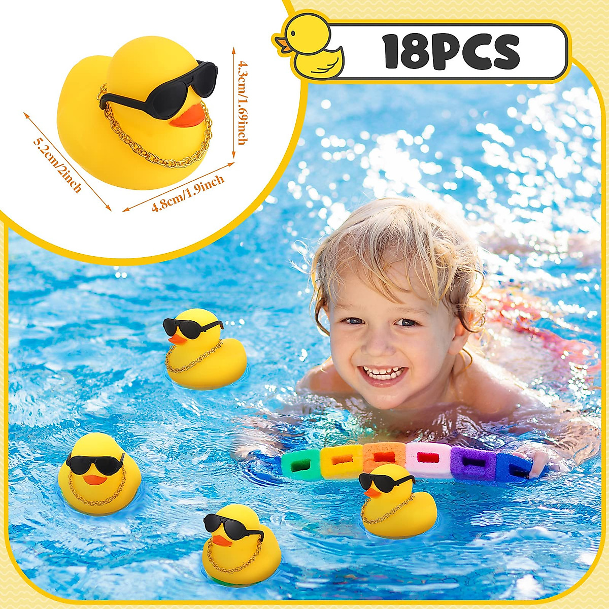 18 Pcs Mini Rubber Ducks Baby Shower Tiny Rubber Ducks Bulk with Sunglasses, Float Bath Toys Bathtub Duckies Mini Ducks for Shower Birthday Party Favors Carnival Gift (Yellow)