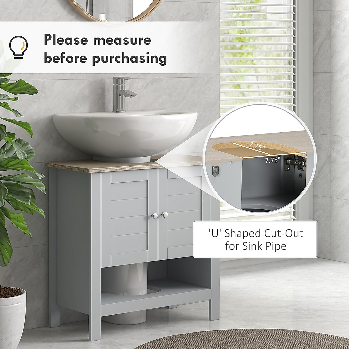 kleankin Pedestal Sink Storage Cabinet, Under Sink Cabinet, Bathroom Vanity Cabinet with Adjustable Shelf and Open Bottom Shelf, Gray