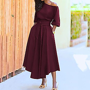 Hemlock Office Lady Work Dress Off Shoulder Long Dress Half Sleeve Formal Dresses Party Maxi Dress with Belt Pockets Wine