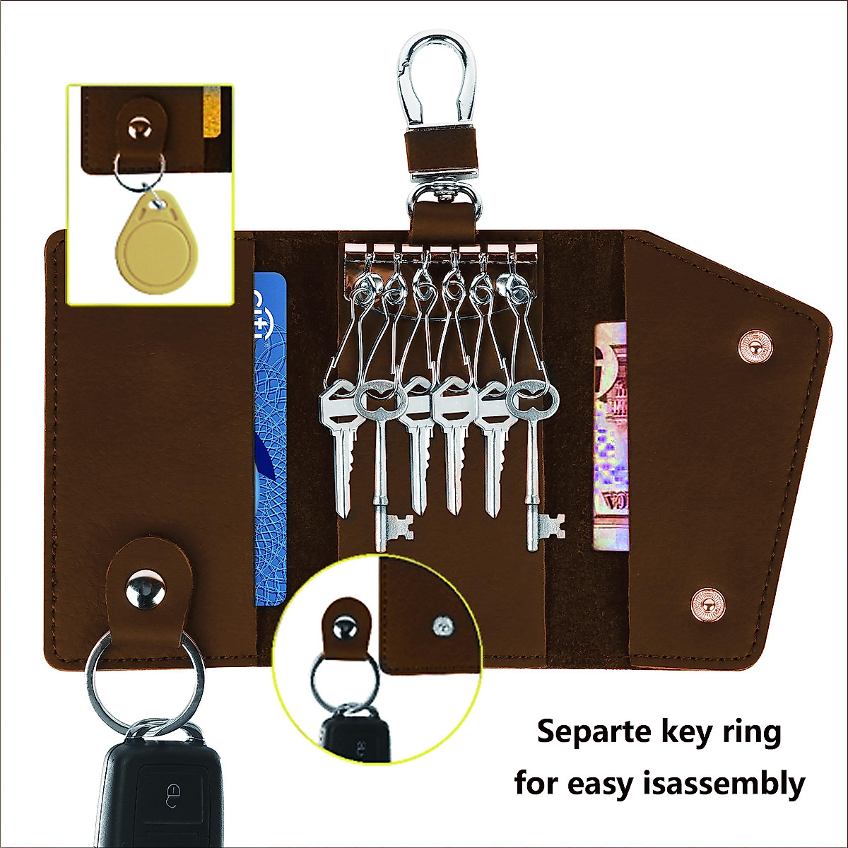Tanmivvy Key Case Leather Key Holder Keychain Key Pouch Waist Hanging Key Protector, Key Organizer, With 6 Key Fob Hooks and A Removable Key Ring, Suitable for Men and Women (Coffee)