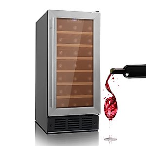 Smad 15 inch Wine Cooler Under Counter, 31 Bottle Built in Wine Fridge with Wood Shelf, Double Reversible Glass Door, Digital Temperature Control, Super Quiet, Stainless Steel, Black