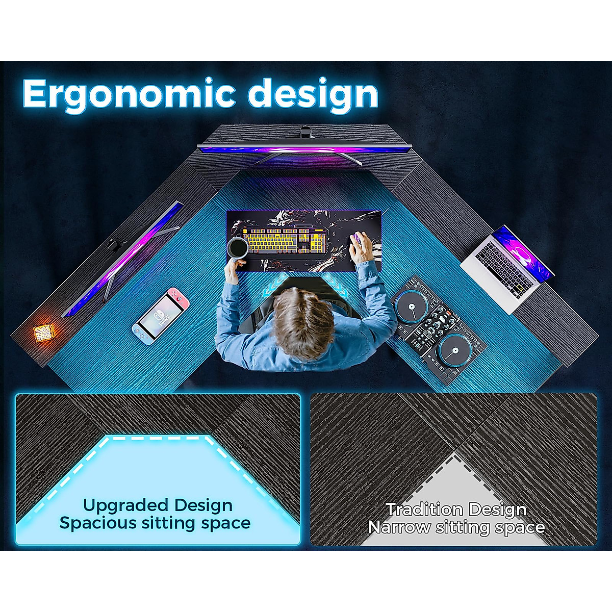 Coleshome L Shaped Gaming Desk with LED Lights & Power Outlets, Reversible 56" Computer Desk with Full Monitor Stand & Storage Shelves, Ergonomic Home Office Corner Desk, Black