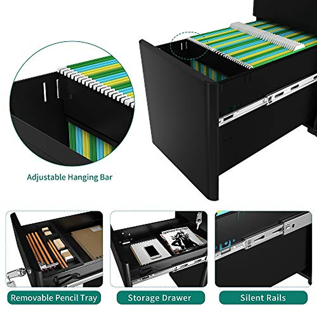 YITAHOME 3-Drawer Slim File Cabinet with Lock, Mobile Metal Office Storage Filing Cabinet, Legal/Letter Size, Pre-Assembled File Cabinet Except Wheels Under Desk - Black