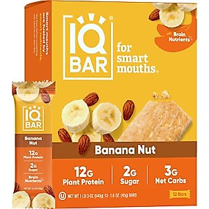 IQBAR Brain and Body Plant Protein Bars - Banana Nut - 12-Count Low Carb - Gluten Free, High Fiber, Vegan Snacks - Low Sugar Meal Replacement