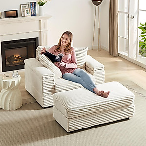 Chaise Lounge Chair Indoor, 43.3 Inch Comfy Corduroy Sectional Cloud Couch, Upholstered Single Sofa w/Movable Ottoman for Living Room, Bedroom, Apartment, Beige