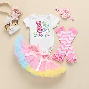 Huppeiiy Baby Girl My First Easter Skirt Set Little Sweety Bunny Flare Lace Romper Skirt+Leg Warmers+Cute Headband (Pink,0-3 Months)