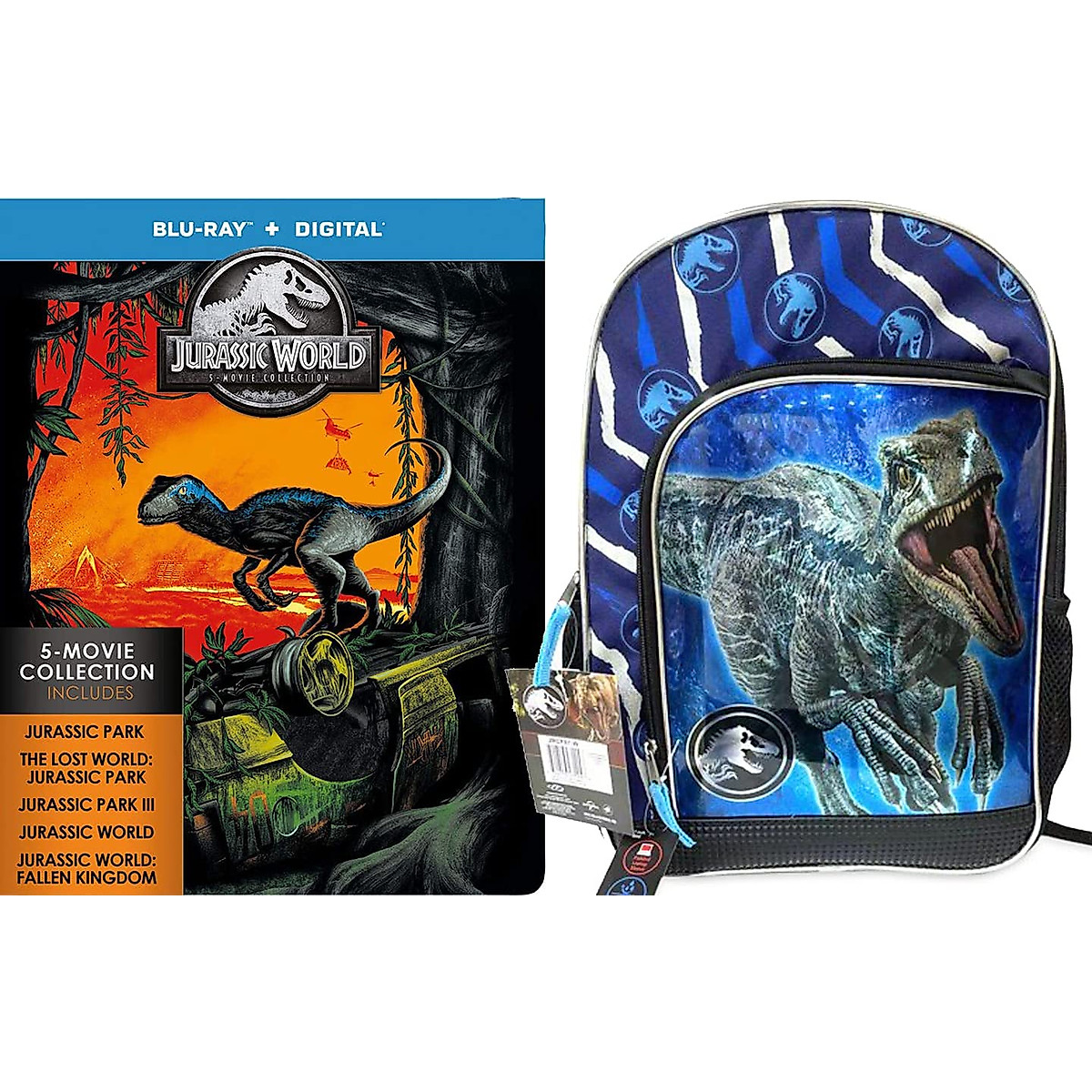 Blue Dinosaur Jurassic Park Stephen Spielberg & World & Steelbook 5 Films Fallen Kingdom / Lost World Limited Edition Blu Ray Family Adventure Movie Bundle Legendary Backpack Double Set