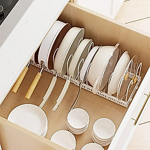 Rerii Pan Organizer Rack for Cabinet, Expandable Pots and Pans Organizer Rack, Cutting Board Pot Lid Holder Dish Drying Racks with 10 Adjustable Dividers for Kitchen Counter