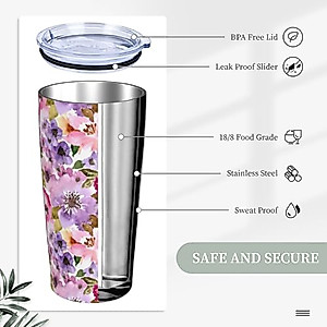 20oz Tumbler Watercolor Flower Pattern Double Wall Vacuum Insulated Coffee Mug with Lid and Metal Straw Brush Reusable Stainless Steel Water Bottle Travel Cup Gifts for Car Ice Drinks Hot Beverage