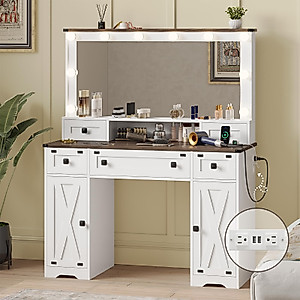 DICTAC Farmhouse Vanity Desk with Mirror and Hollywood Lights, 43'' Makeup Table with Power Outlet, 5 Drawers and 2 Cabinets Vanity Table with 3 Color Lighting Modes Brightness Adjustable, White