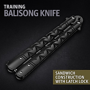 Butterfly Knife - Balisong Trainer - Black Practice Butterfly Trainer with Sure Spring Latch - Balisong Knives NOT Real NOT Sharp Blade - Full Stainless Steel Fake Dull Trick CSGO Fidget Toy K19 B