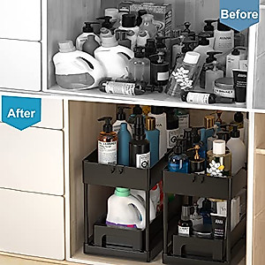 SKDKYCCO Under Sink Organizers and Storage, 2 Pack for Bathroom 8 Hooks Bath Collection Baskets, Multi-purpose Storage Shelf (Black)…