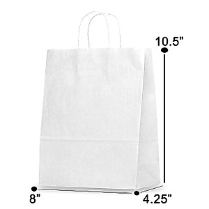Elegant Supply Solid Print Holiday Gift Twisted Handles Kraft Paper Bags in Bulk, Multipurpose use, Suitable for Every Occasion, 8 X 4.25 X 10.5, White