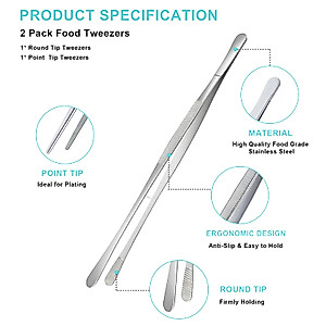 MOJOTORY 2Pcs Kitchen Tweezers Tongs, Cooking Tweezers, Chef Tweezers Tongs for Cooking, Long Handle Food Tweezers for Plating, Stainless Steel Culinary Tweezers (12"Round Tip + 8"Point Tip Sets)