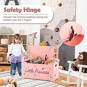 HONEY JOY Pink Wooden Toy Box, 2 in 1 Crown Large Toy Storage Chest with Safety Hinged Lid, Kids Toy Storage Bench for Playroom Bedroom, Children's Furniture, Gift for Princess Girls Age 3+, Pink