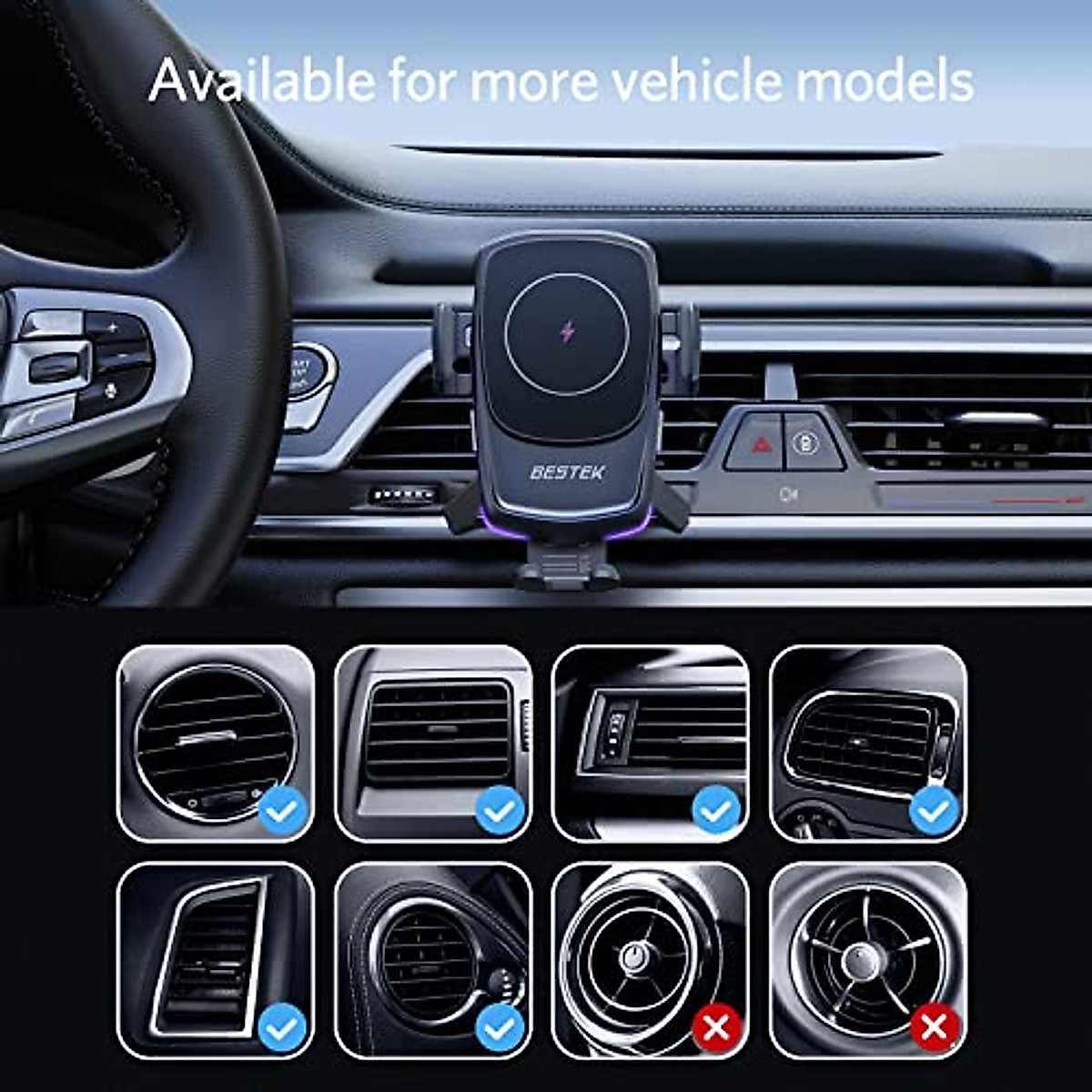 Wireless Car Charger, BESTEK 15W Fast Charging Wireless Car Charger Mount, Auto Clamping Car Wireless Charger, Air Vent Phone Holder Compatible with iPhone 13/12/11/XS/X/8 Series, Samsung S20/S10 etc