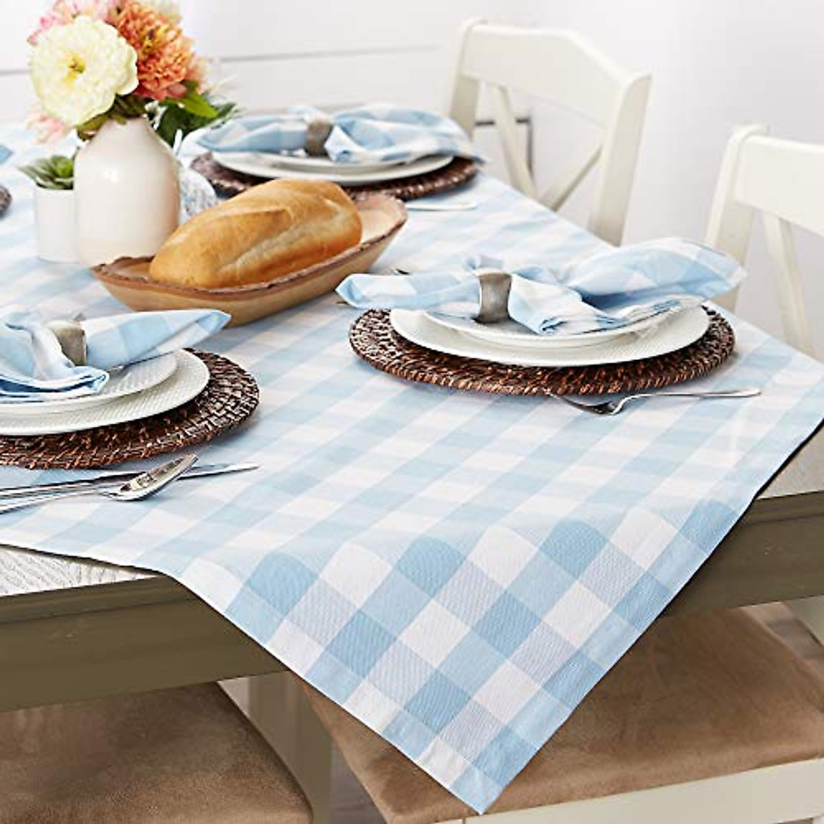 DII Buffalo Check Collection, Classic Farmhouse Tablecloth, Tablecloth, 70" Round, Light Blue & White