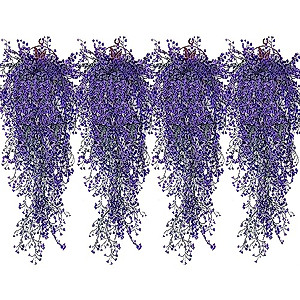 Artificial Hanging Plants 4 Pcs Large Faux Hanging Plant Outdoor Hanging Vine Faux Plant Wall Hanging Plants Artificial Decor Home Garden Yard(Purple)