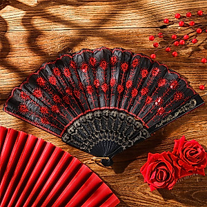 2 Pieces Women Rose Flower Hair Clip and Embroidered Sequins Fabric Handheld Folding Fan Hair Accessories for Flamenco Dancer Costume Accessories Girl Halloween Cosplay Party (Red)