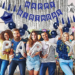 Blue Birthday Party Decorations,Happy Birthday Supplies, Happy Birthday Banner, Blue White Silver Confetti Latex Balloons with 2 Foil Fringe Curtains Birthday Decorations for Men Women Boys Girls