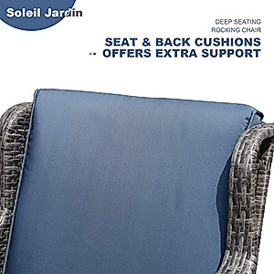Soleil Jardin Outdoor Resin Wicker Rocking Chair with Cushions, Patio Yard Furniture Club Rocker Chair, Gray Wicker & Navy Cushions