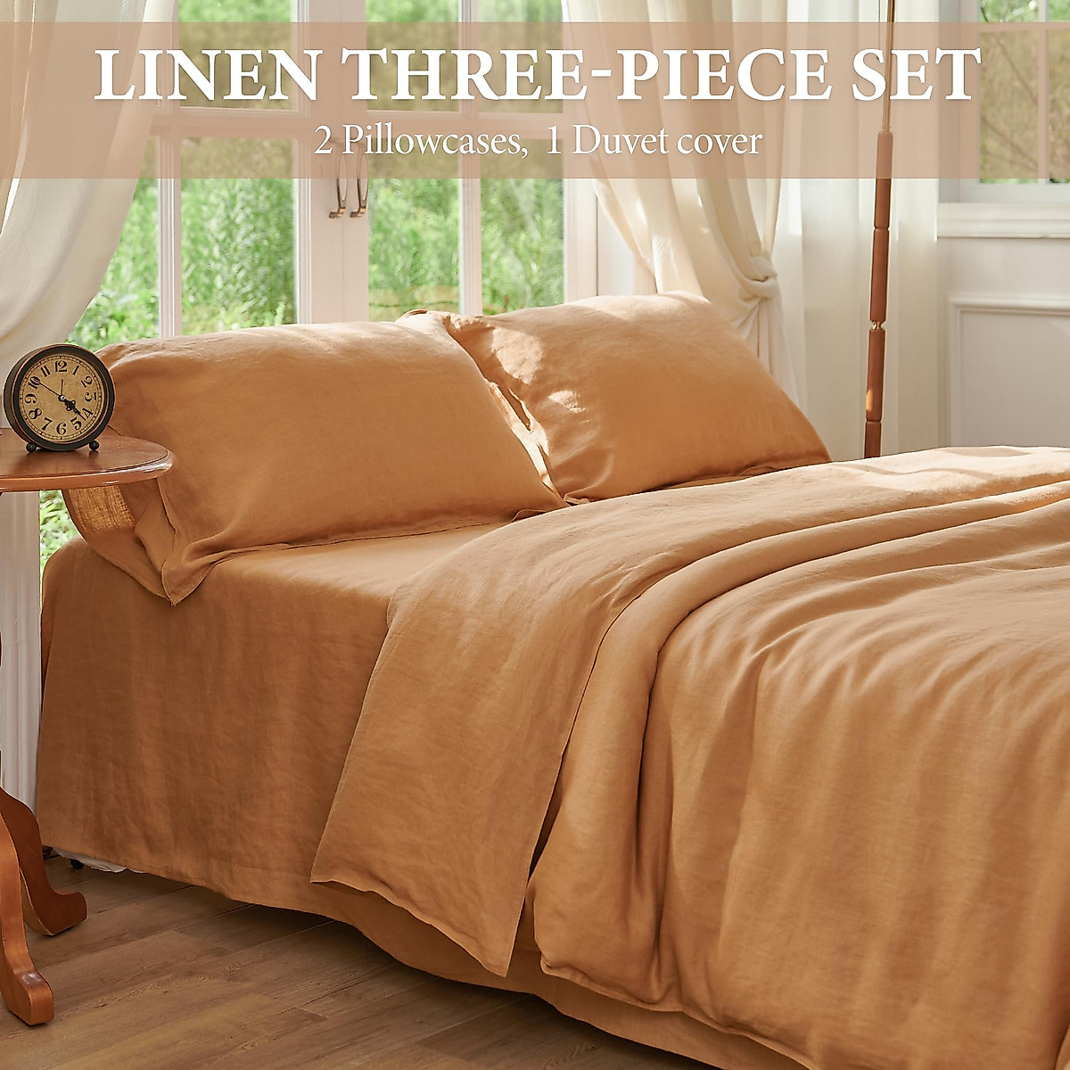 cebihy 100% Linen Duvet Cover Set King 3 Pieces, French Normandy Flax Linen, Cooling, Soft, and Breathable Linen Bedding Set - 1 Duvet Cover 90"x 104", 2 Pillowcases 20"x 40", Camel