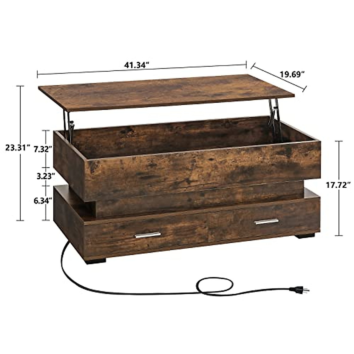 WEENFON LED Coffee Table, Smart Coffee Table with Charging Station, Lift Top, 21 Colors Change, 2 Tiers Modern Tea Table with Storage, Living Room Furniture, Rectangle Design, Rustic Brown