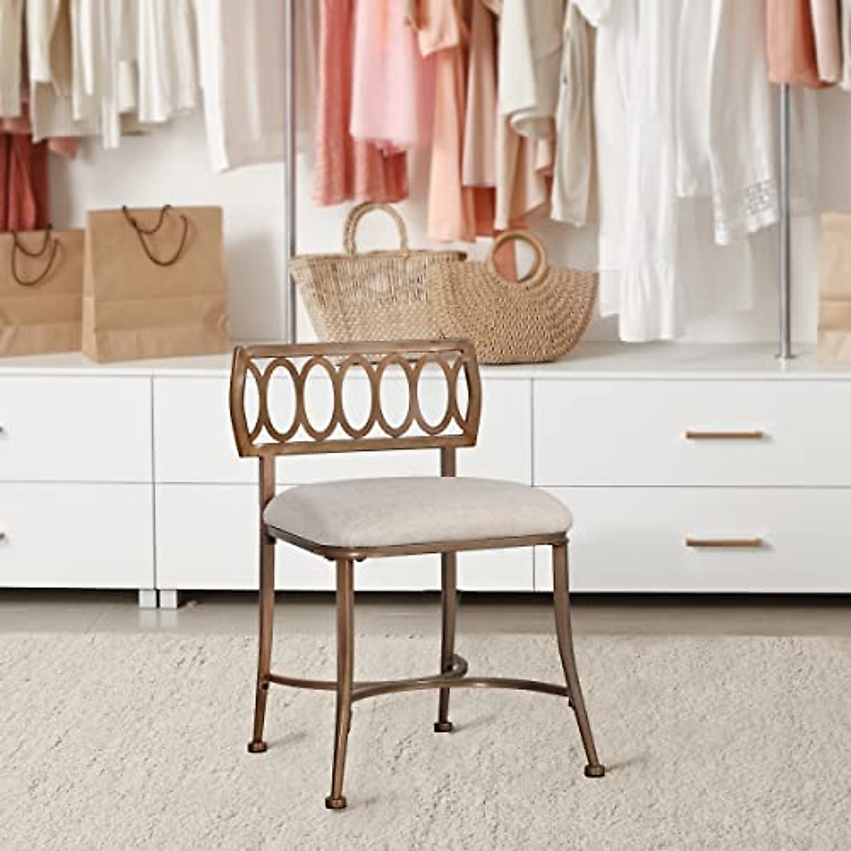 Hillsdale, Canal Street Metal Vanity Stool with Interlocking Oval Back Design for Makeup Room or Bathroom, Golden Bronze