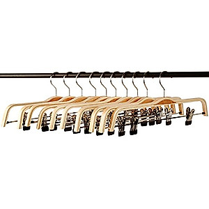 LOHASHOME 10-Pack Natural Finish Wooden Pant Hangers with Anti-Rust Hook and 2-Adjustable Clips