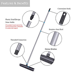Pet Hair Remover Rubber Broom with Squeegee Edge 59 inches Adjustable Carpet Rake Long Handle Push Broom for Hair Pet Dog Carpet Hardwood Floor Tile Windows Cleaning