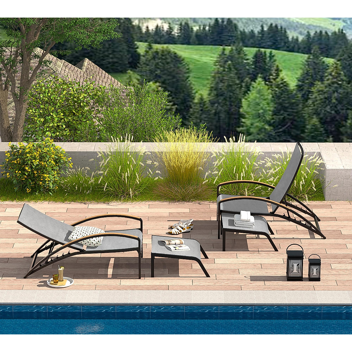Ulax furniture Outdoor Chaise Lounges, Set of 2, Patio Aluminum Convertible Lounger Chairs with Phifertex Fabric
