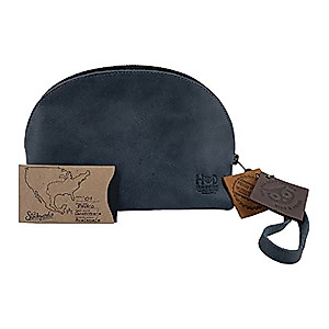 Hide & Drink, Cosmetic Travel Organizer with Hand Strap for Women, Makeup Bag, Classic Handbag, Full Grain Leather, Handmade, Slate Blue