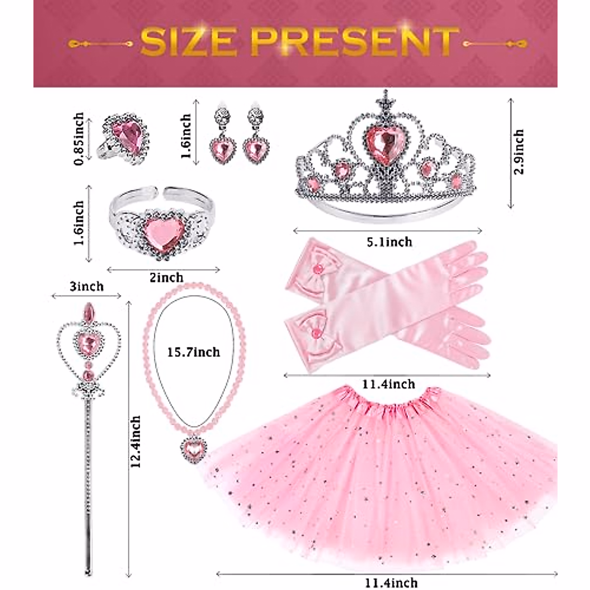 BIBUTY Princess Dress Up Accessories Princess Crown for Little Girls, 10pcs Princess Jewelry Set with Girls Tutu Skirt Princess Gloves Tiara Wand, Costume Set Toy Gift for 3 4 5 6 Year Toddler Girls