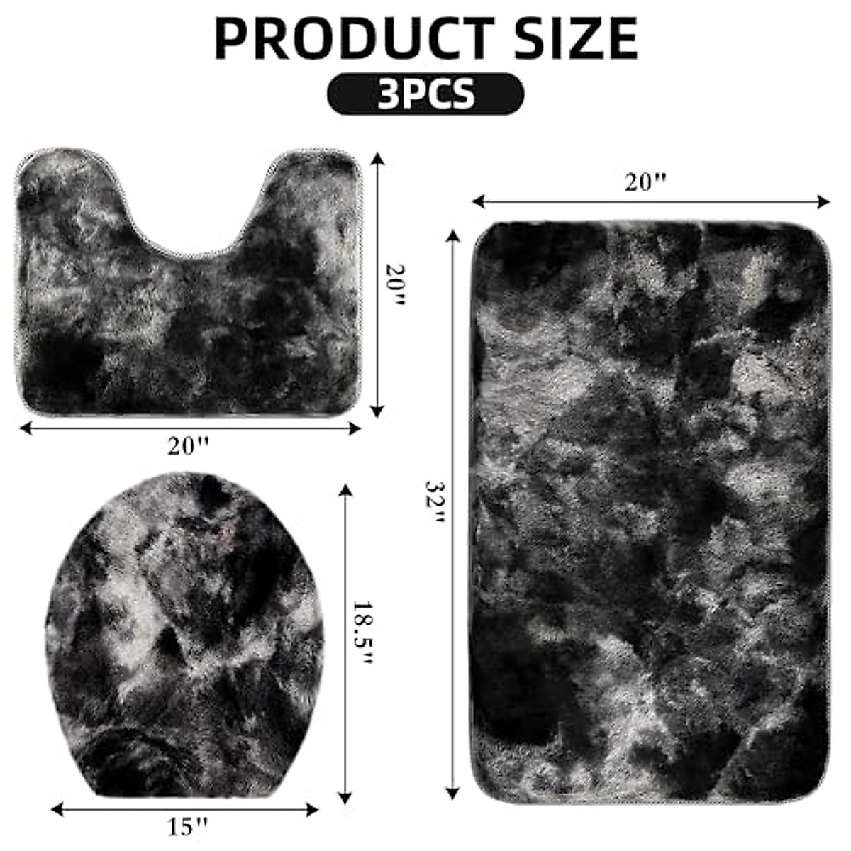 Bathroom Rugs Sets 3 Piece, Bath mats, Contour Mat and Toilet Seat Cover, Non-Slip Soft Thickness Faux Fur Rabbit Water Absorbent Shower Carpet Rug with PVC Point Rubber Backing, Machine Washable