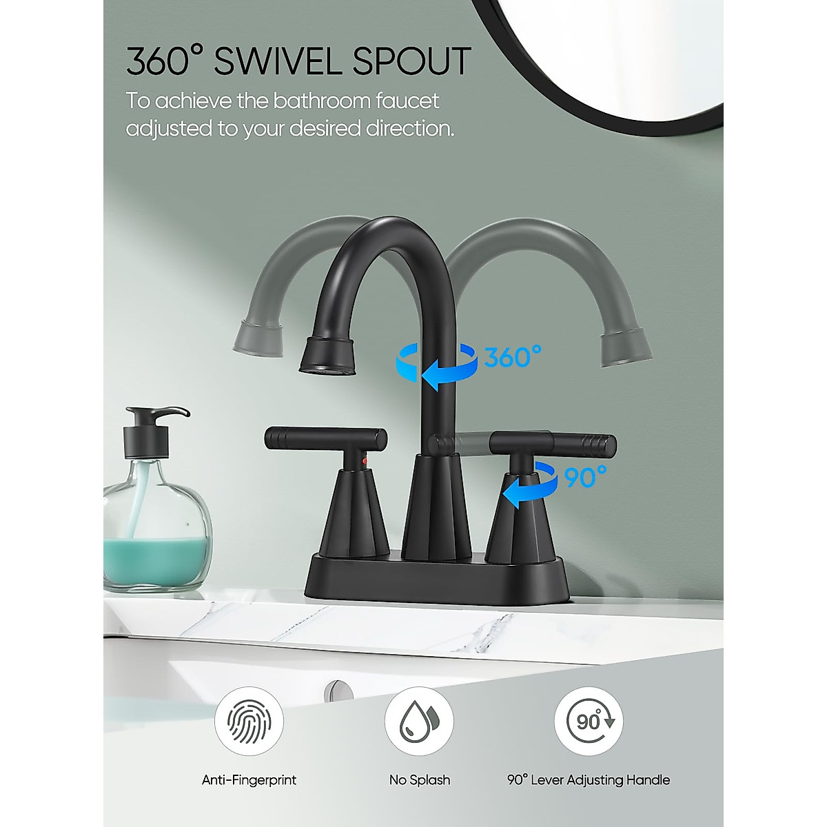 Cobbe Black Bathroom Faucets 3 Hole, 4 Inch Bathroom Sink Faucet with Pop Up Drain and 2 Supply Hoses, 2 Handle Centerset Bathroom Faucet for Sink Vanity, Matte Black