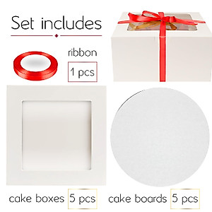 BELMAKS 10 Inch Cake Box Set – Disposable Cake Containers with Lids and Red Ribbons Bakery Boxes with Window Tall Cake Boxes 10 Inch and 10 Inch Cake Drum Paper Box for Cake with Ribbon and Cake Board