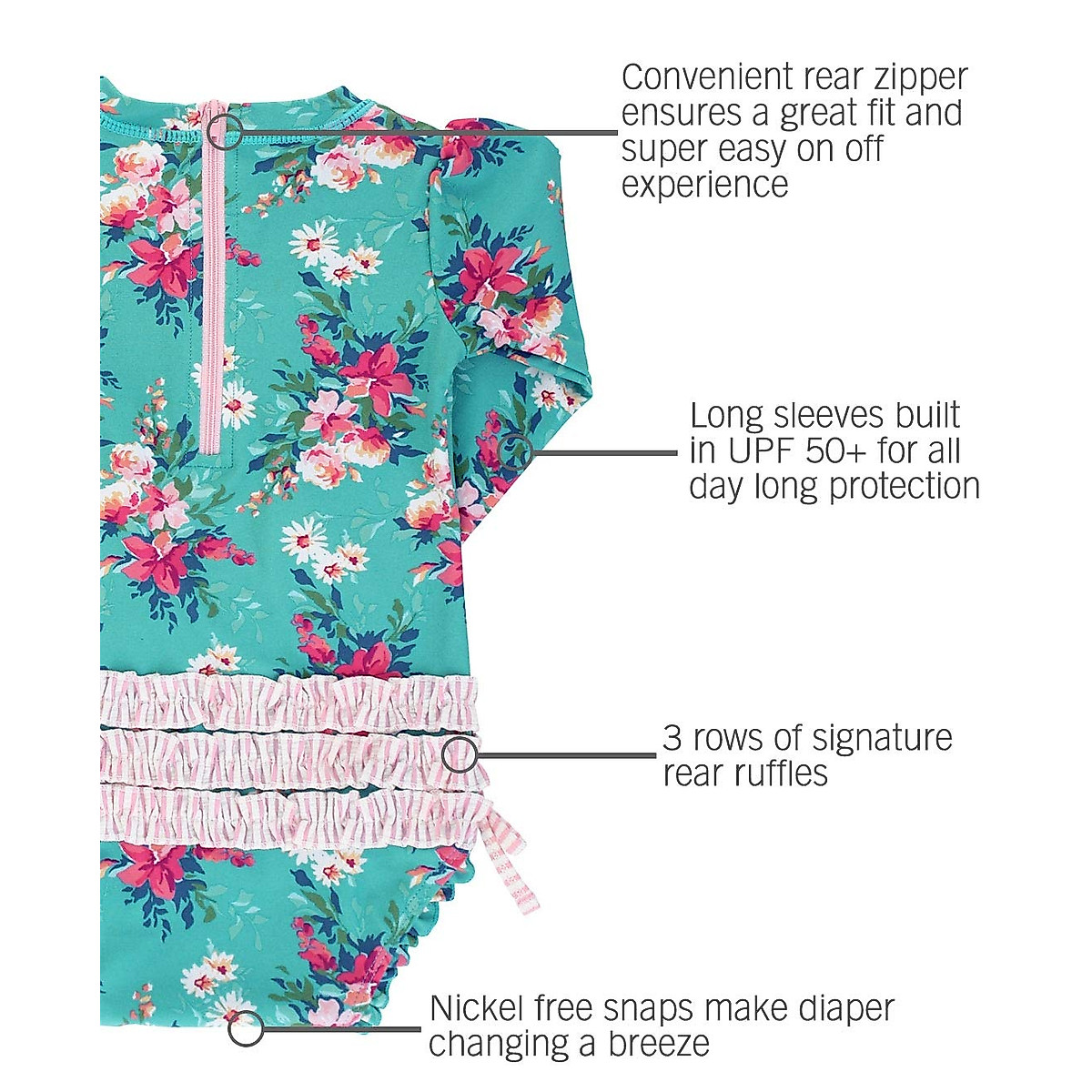 RuffleButts Baby Girls UPF 50+ Sun Protection Floral Printed Long Sleeve One Piece Rash Guard Swimsuit with Zipper - Fancy Me Floral, 2T