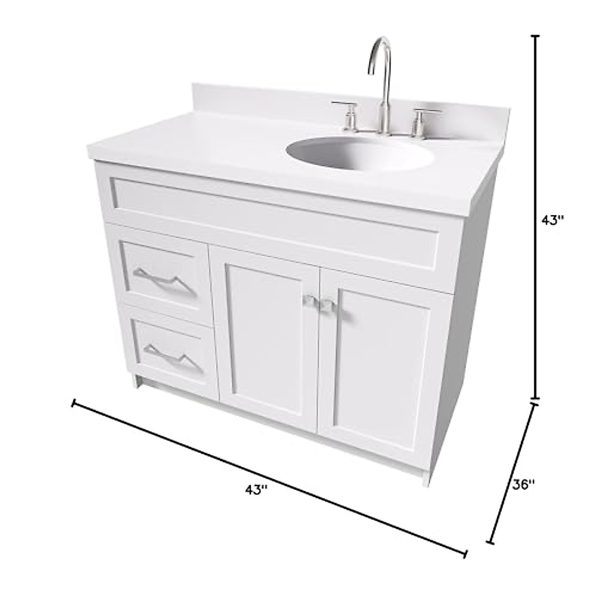 ARIEL Hamlet 43 Inch White Bathroom Vanity with Sink, 1.5" Edge Quartz Countertop, Solid Wood, Right Oval Sink, 2 Soft-Closing Doors & 2 Full Extension Drawers, Toe Kick