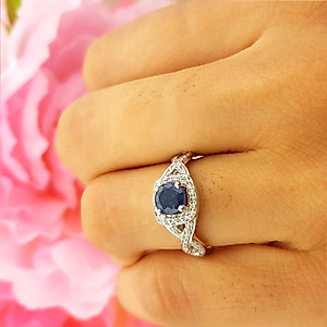 Dazzlingrock Collection 14K Round Blue Sapphire & White Diamond Swirl Split Shank Halo Engagement Ring, White Gold, Size 4.5